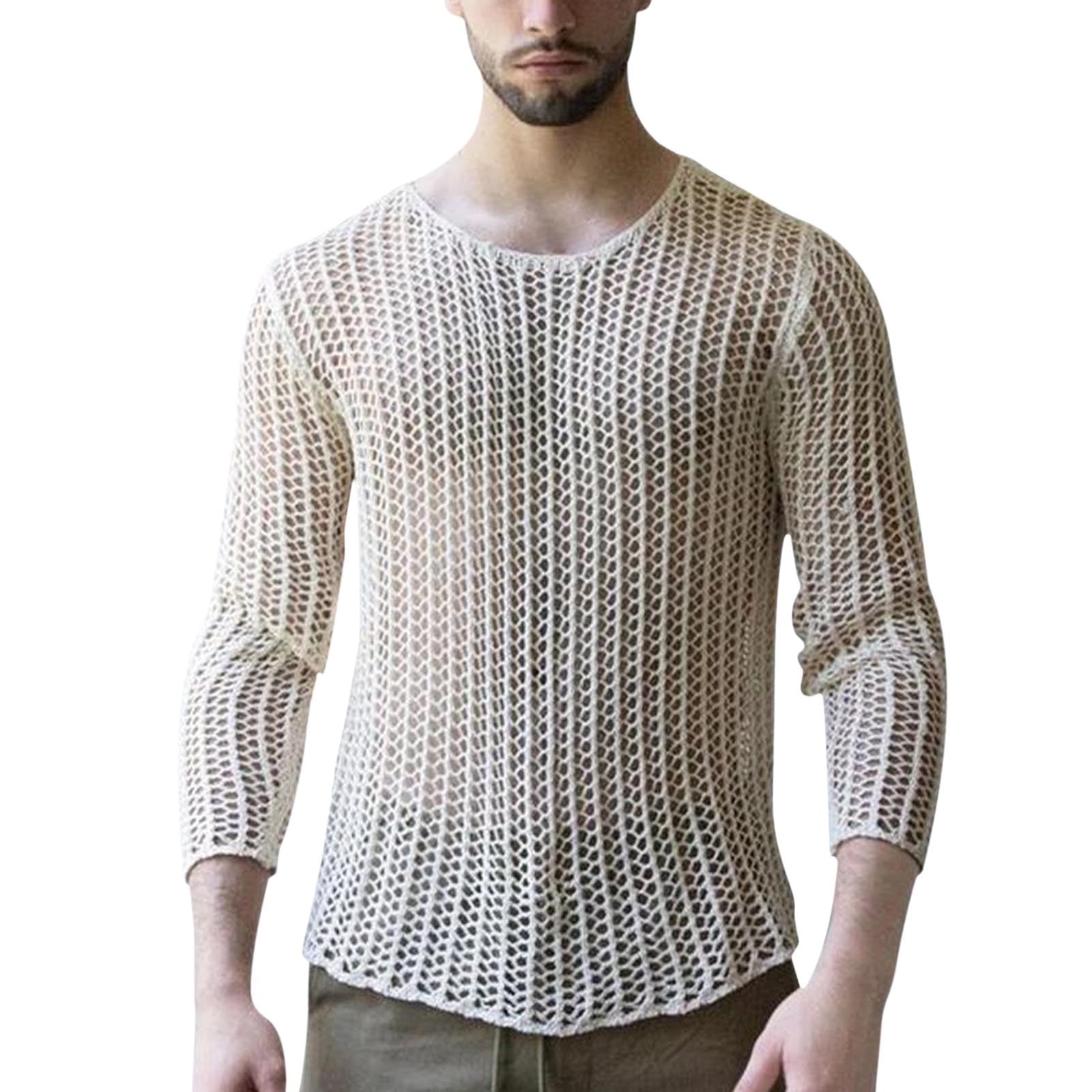 FRSASU Men's Fishnet Shirt Mens Fishnet Top Mesh Transparent Long ...