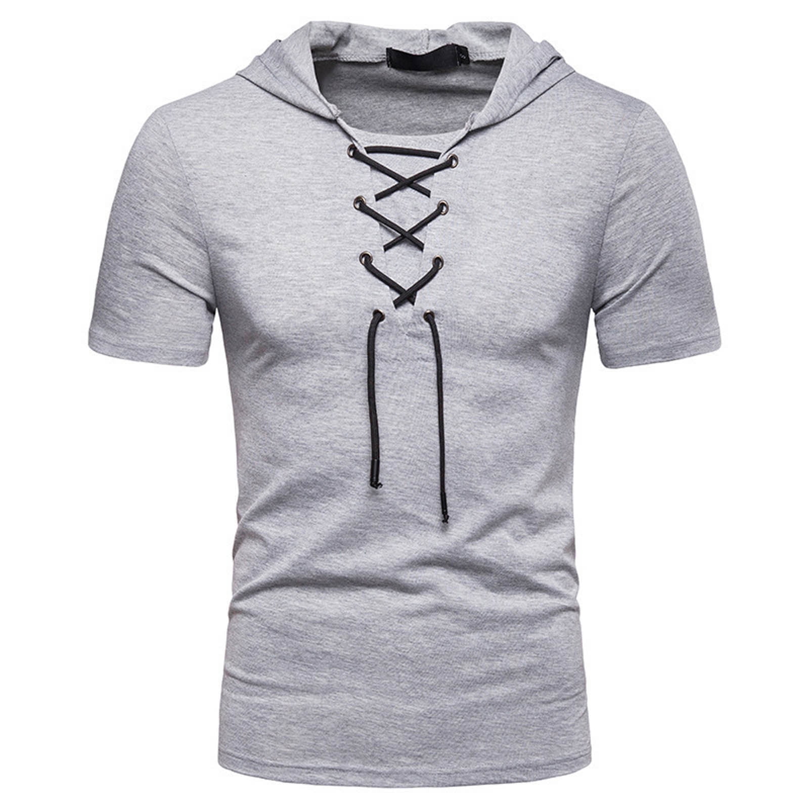 FRSASU Men's Lace-up Fashion Hoodies Short Sleeve Hooded Solid Color T ...