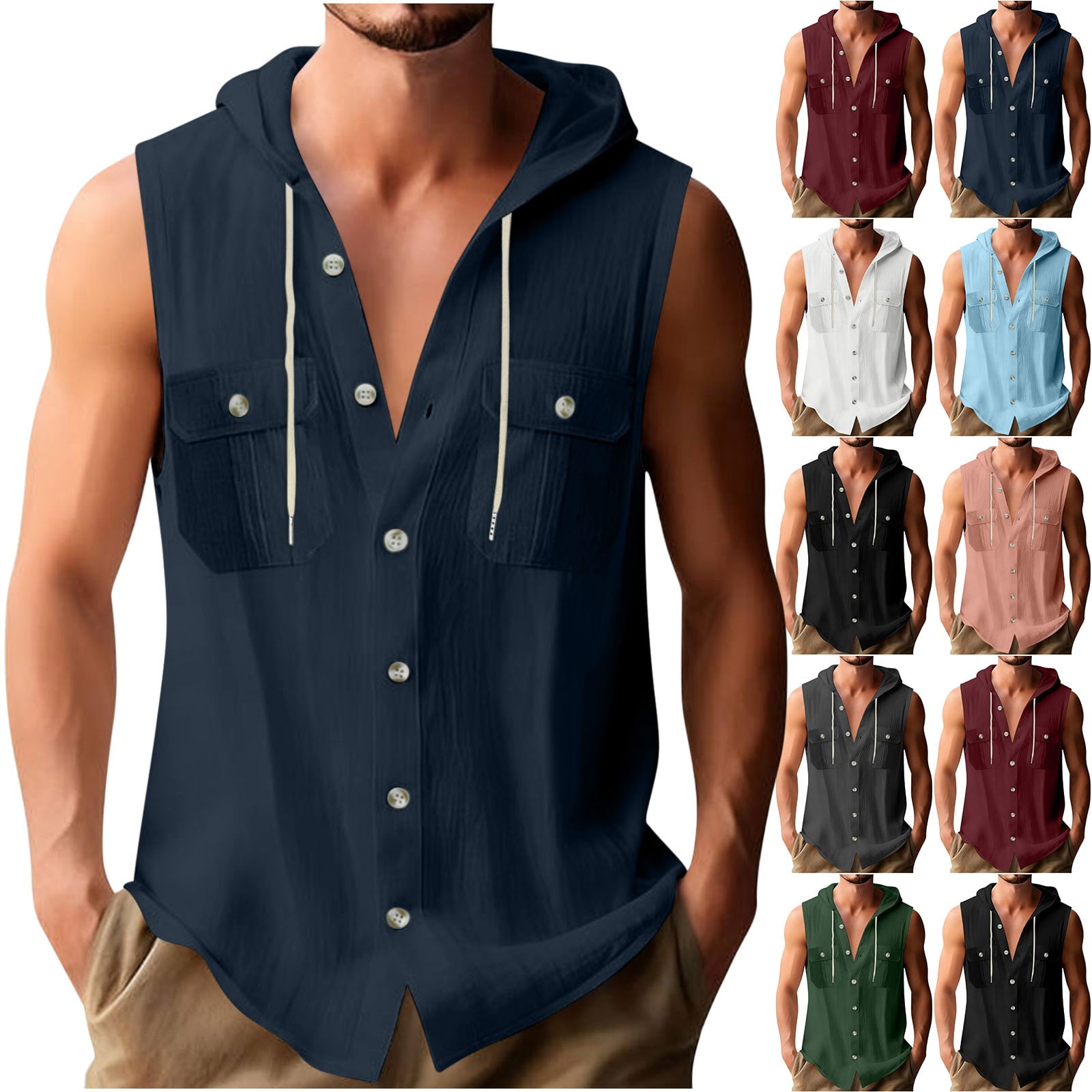 FRSASU Men's Linen Sleeveless Hoodies Shirts Button Down Beach Cargo ...