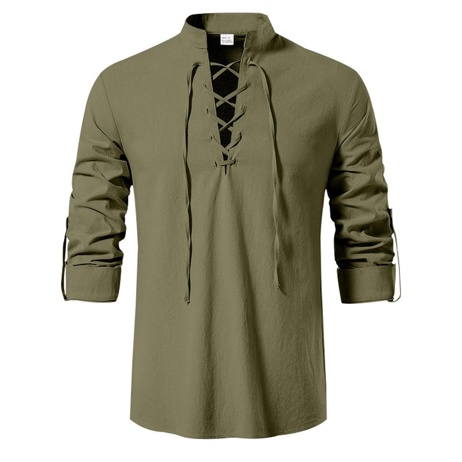 FRSASU Men's Long Sleeve Linen Shirts Retro Style Lace up for Medieval ...