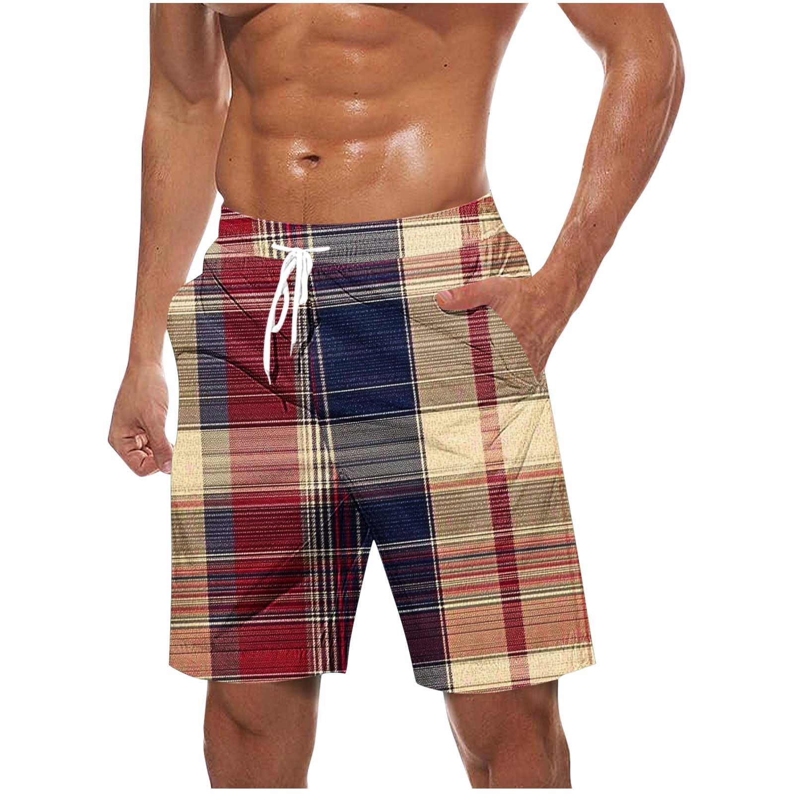 FRSASU Men's Plaid Checkered Shorts Drawstring Waist Gym Workout Track ...
