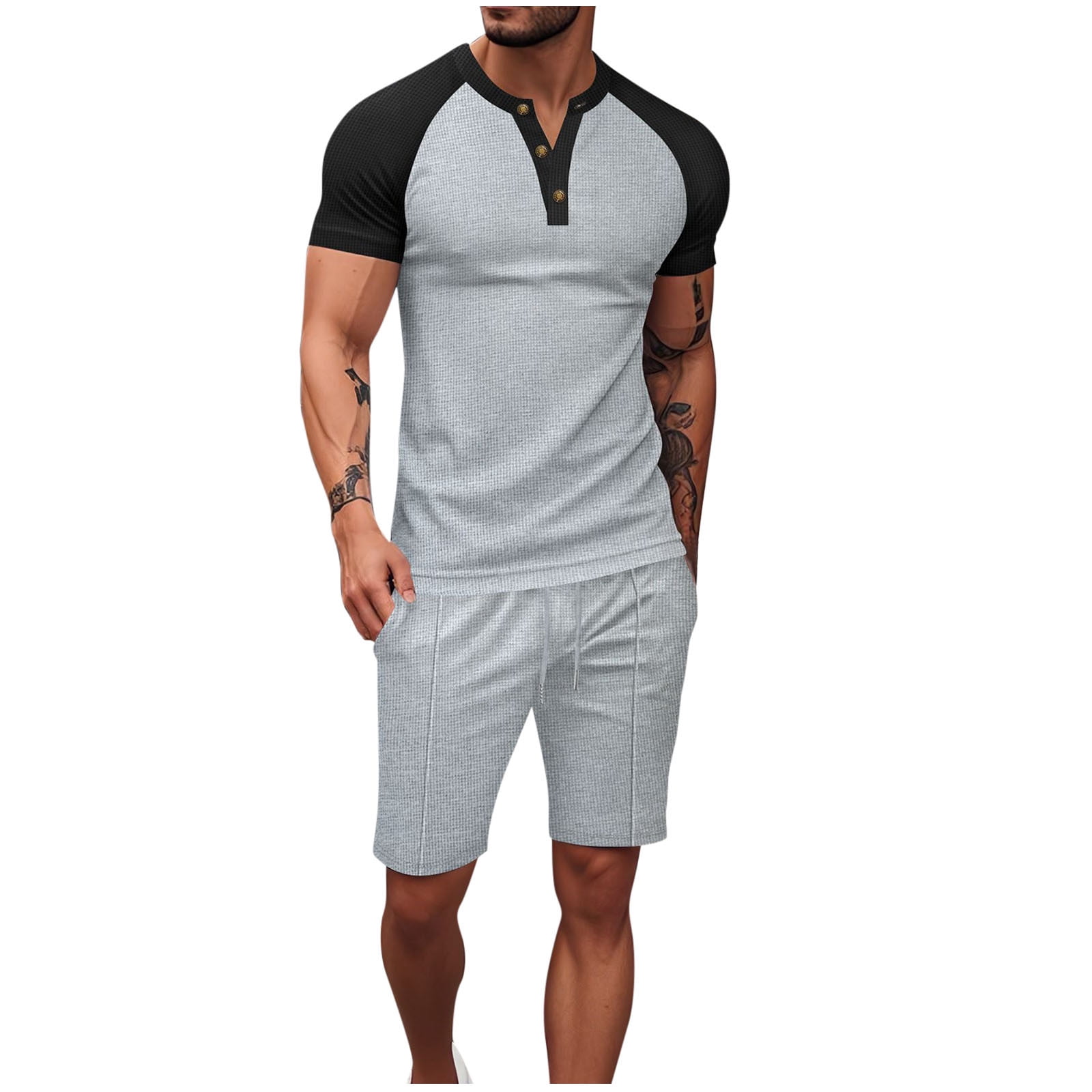 FRSASU Men's Waffle 2 Pieces Set Color Blocked Short Sleeve Henley ...