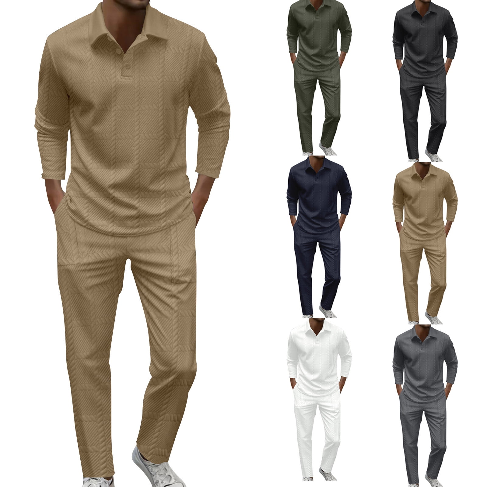 FRSASU Mens 2 Piece Set Casual Outfits Lapel Button Long Sleeve Shirt ...