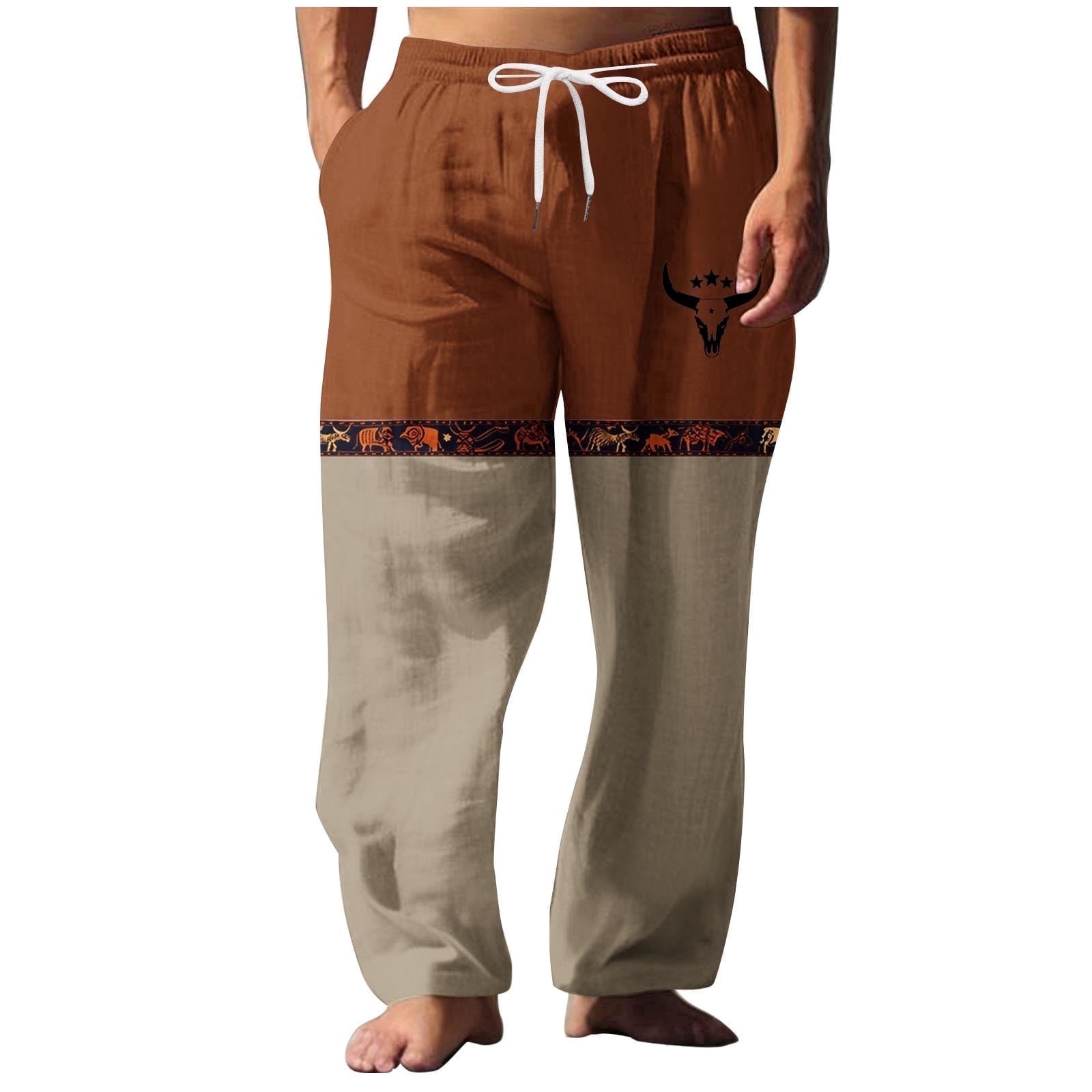 FRSASU Mens Casual Color Block Graphics Pants Elastic Waist Linen ...