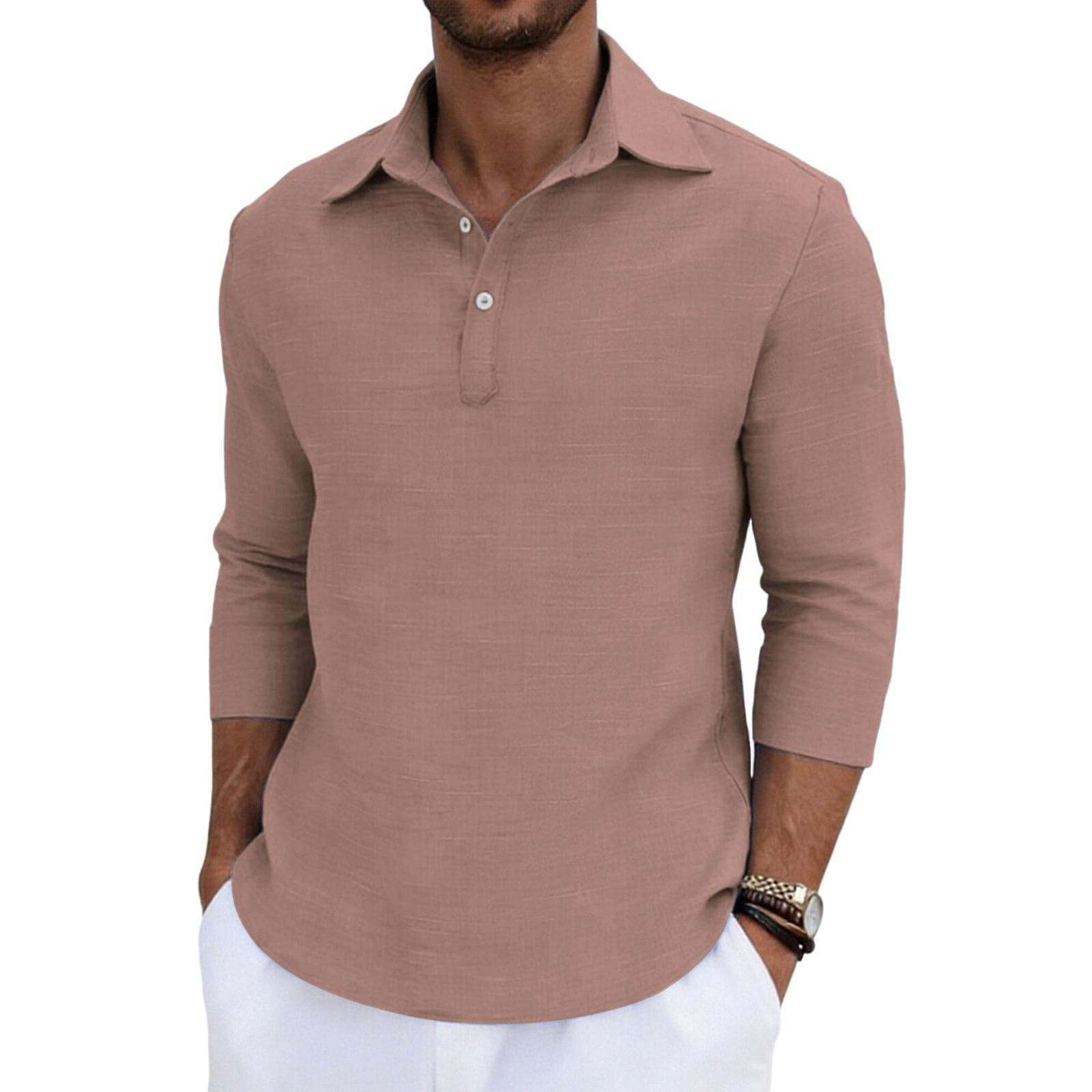 FRSASU Mens Cotton Linen Polo Shirts Long Roll-Up Sleeve Casual Summer ...