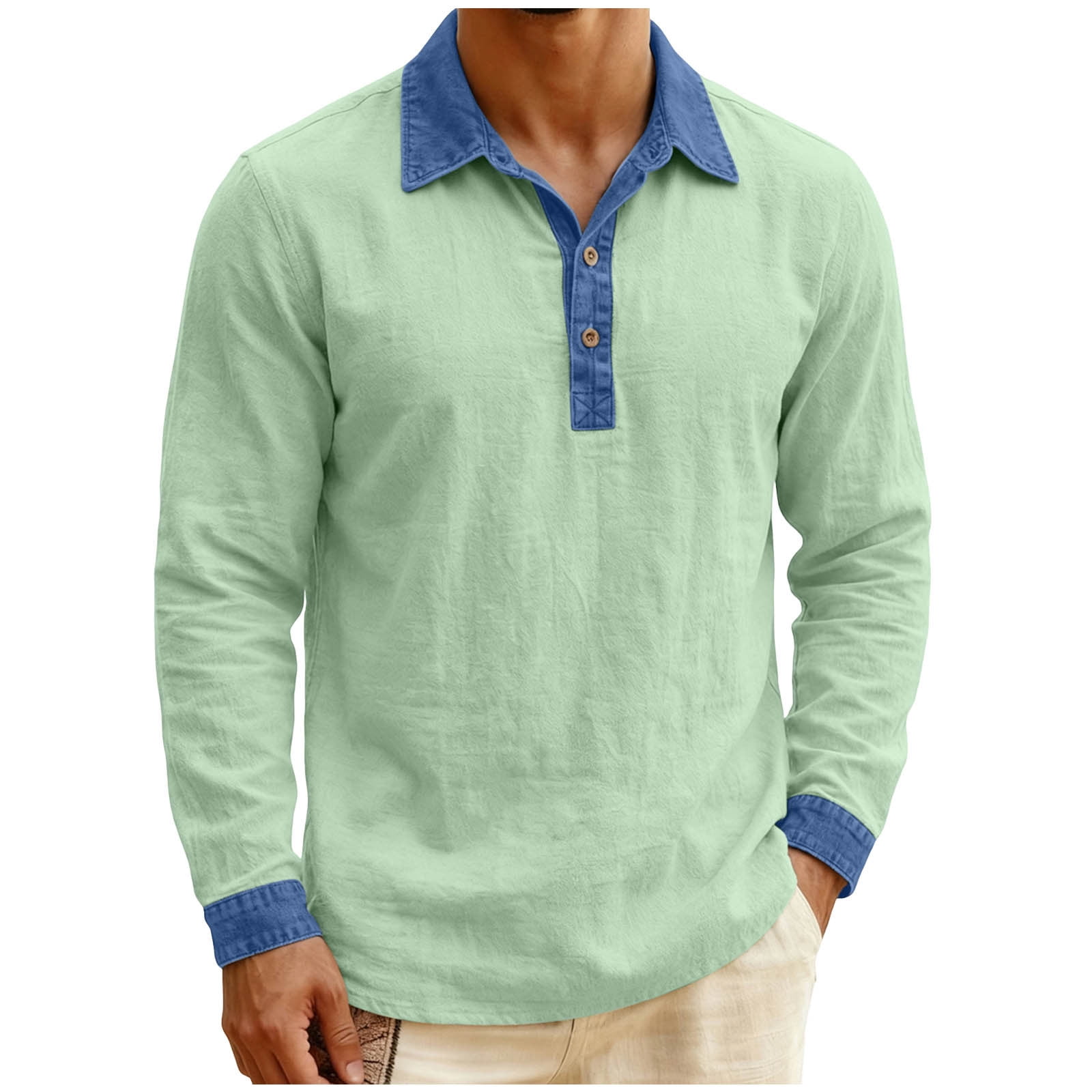 FRSASU Mens Cotton Linen Polo Shirts Long Roll-Up Sleeve Denim ...
