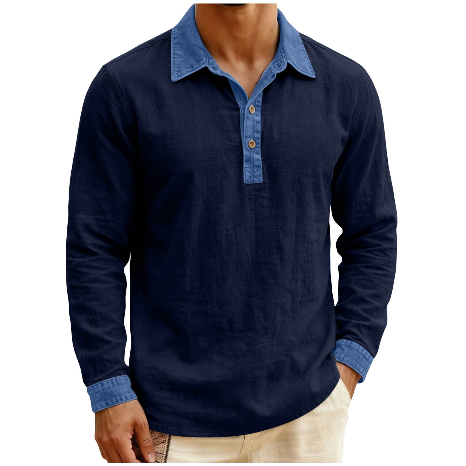FRSASU Mens Cotton Linen Polo Shirts Long Roll-Up Sleeve Denim ...