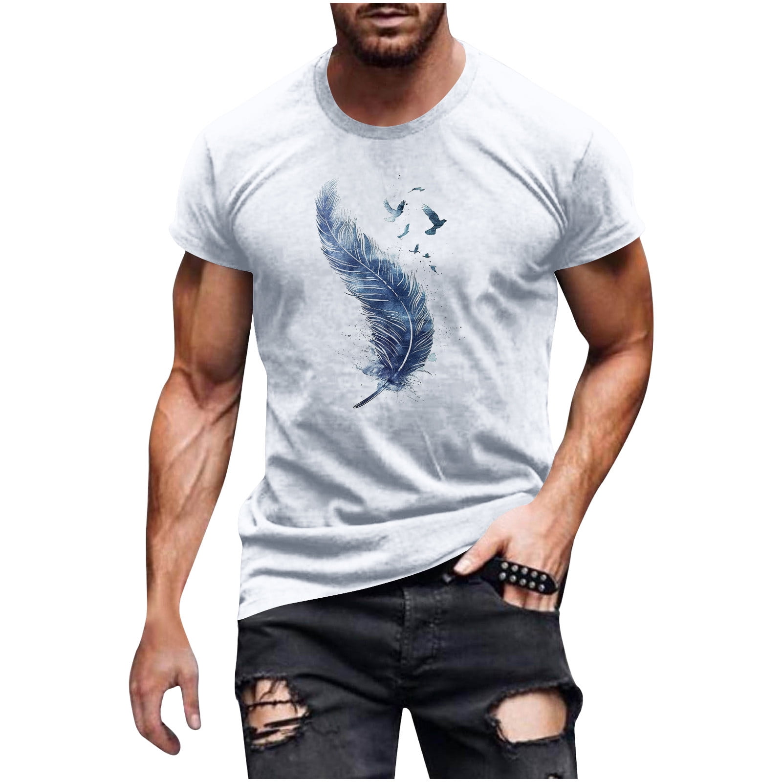 FRSASU Mens Graphic Tees Vintage T-Shirts Oversized Feather Print ...