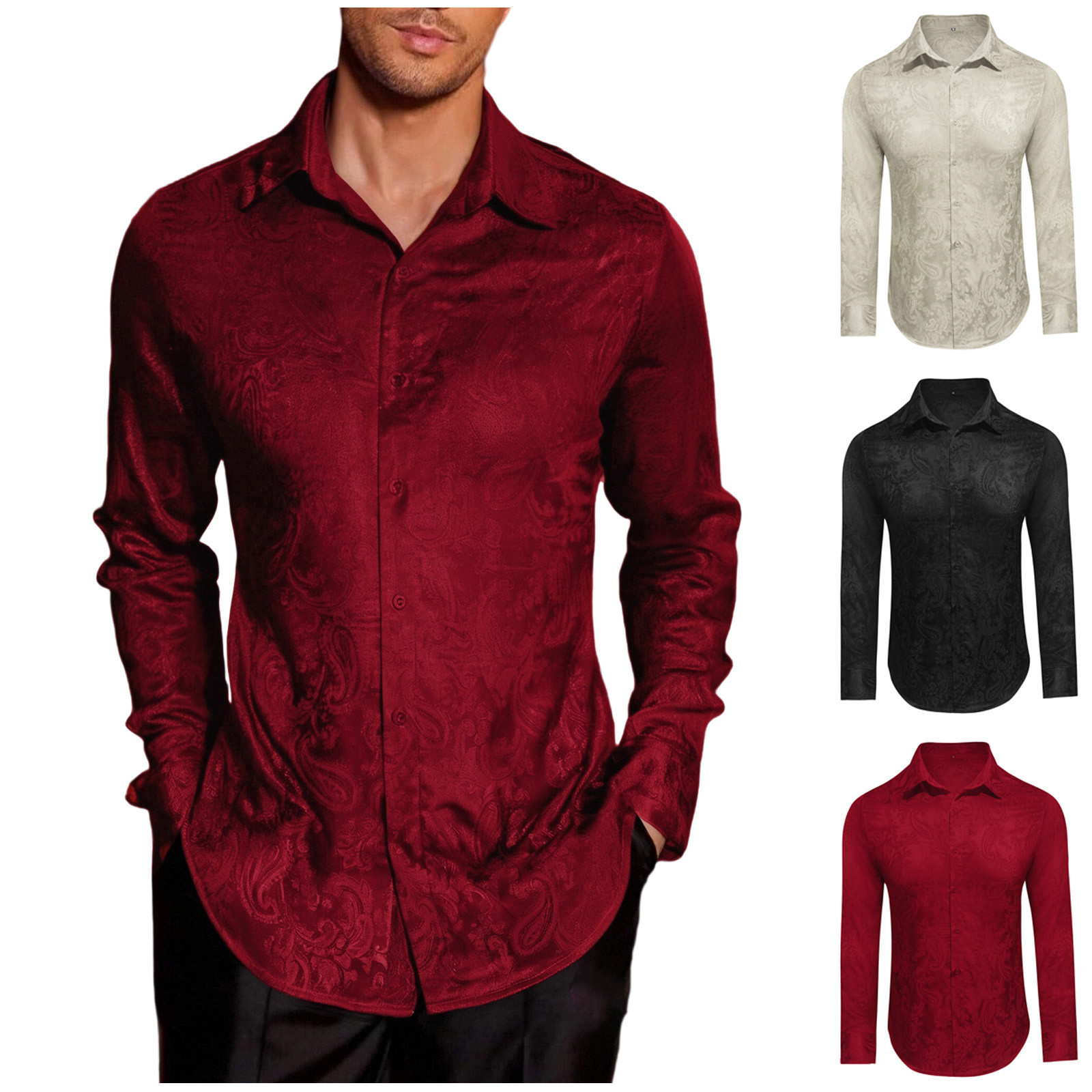 FRSASU Mens Silk Satin Shirts Shiny Jacquard Long Sleeve Lapel Button ...