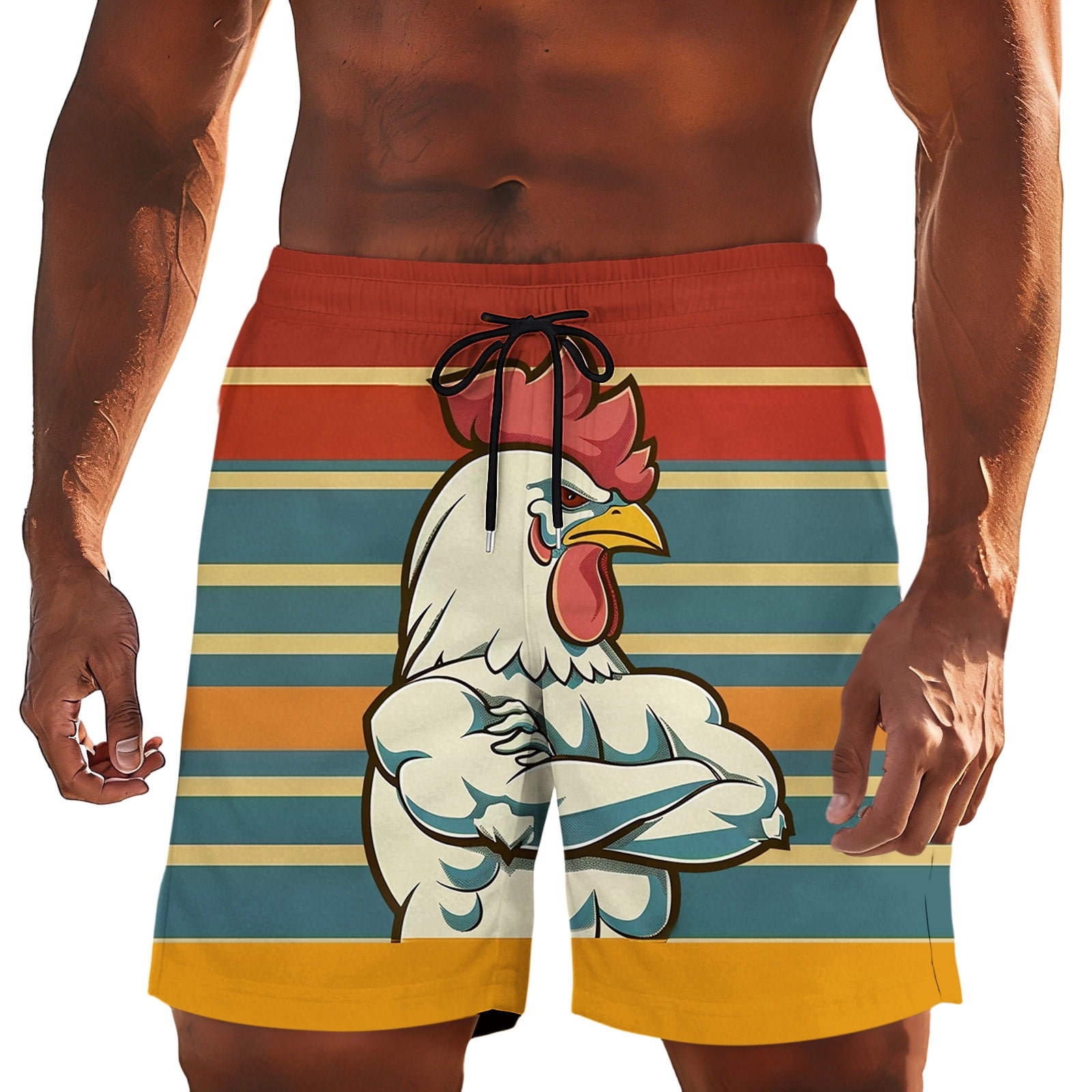 FRSASU Mens Summer Beach Shorts Muscle Chicken Printed Swim Trunks ...