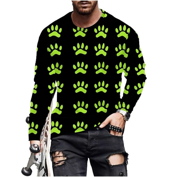 FRSASU Mens Sweatshirt Cat Dog Paw Prints Pattern Printed Round Neck ...