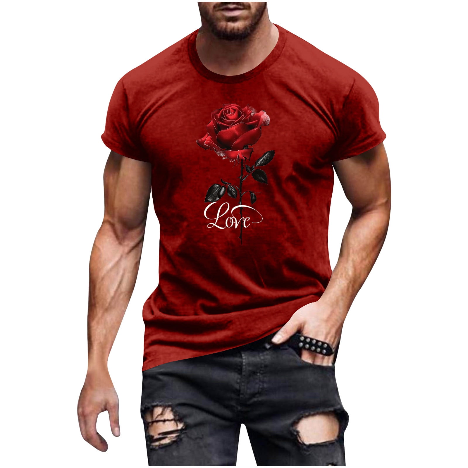 FRSASU Mens T-Shirts - Soft Cotton Blend Crewneck Short Sleeve Rose Graphic Tees for Men ...