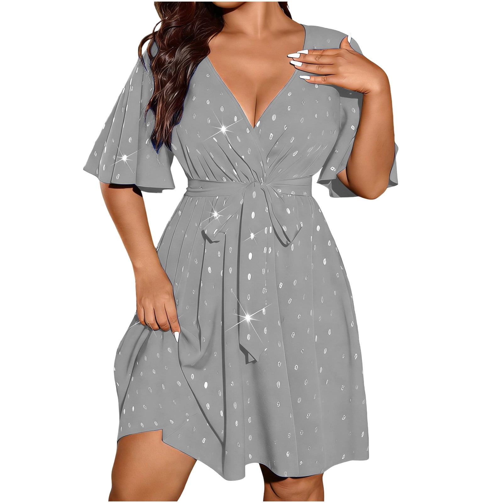 FRSASU Plus Size Womens Glitter Dress V Neck Long Sleeve Ruffle Hem ...