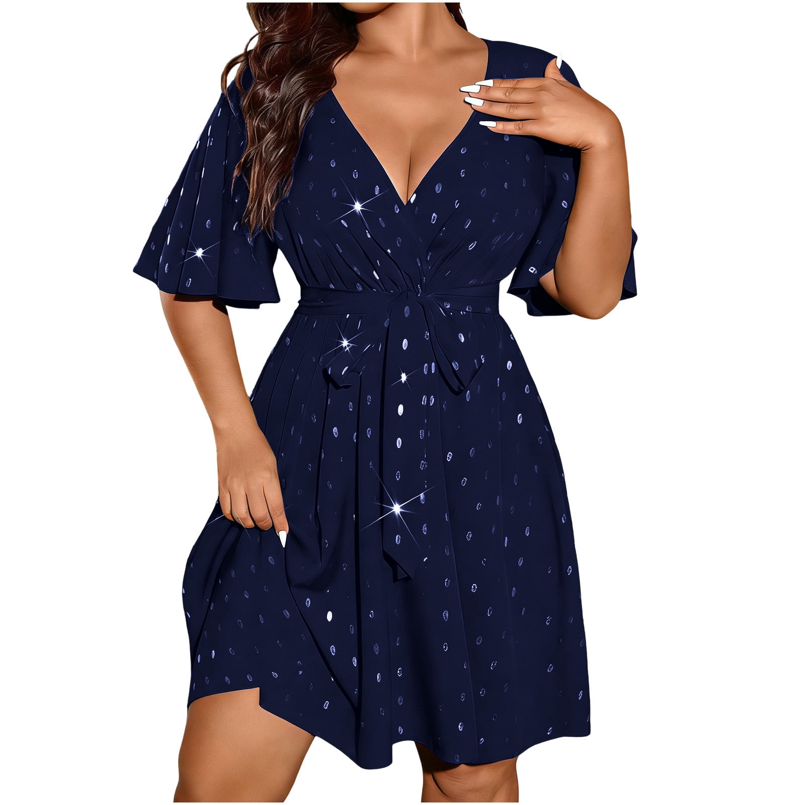 FRSASU Plus Size Womens Glitter Dress V Neck Long Sleeve Ruffle Hem ...