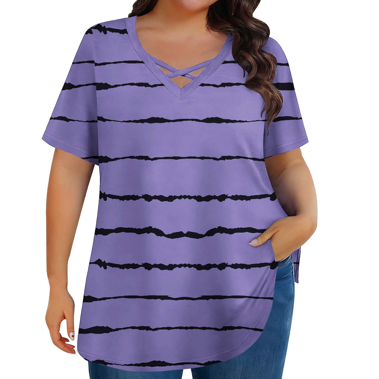 FRSASU Short Sleeve Shirts for Women Summer Criss Cross V Neck Plus ...