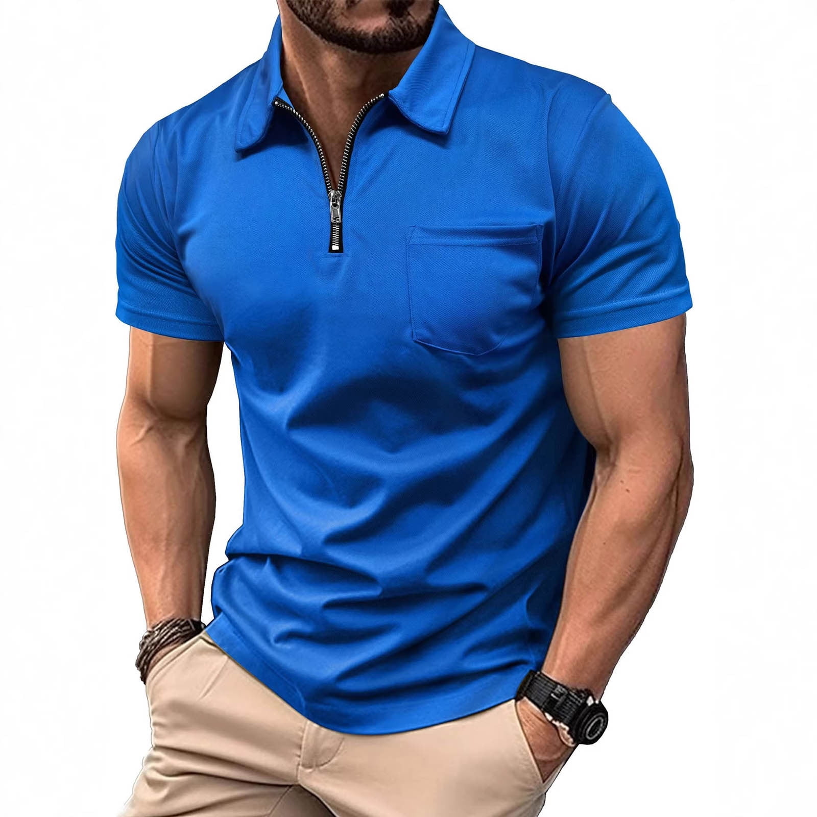 FRSASU Summer Men's Solid Color Zippers Polos T-Shirts Fashion Short ...