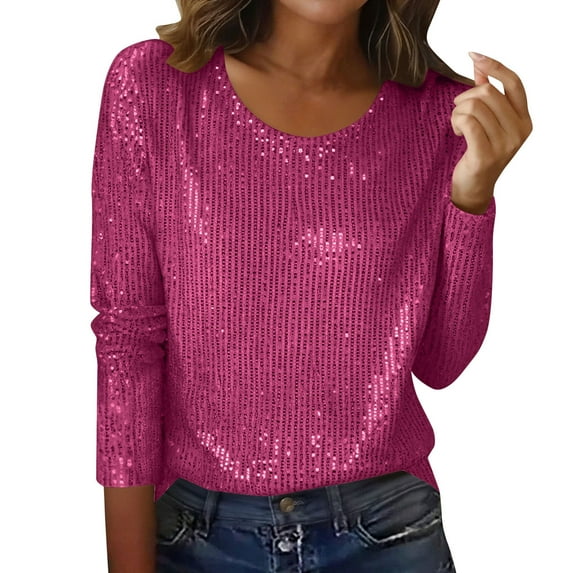 FRSASU Tops for Women Trendy Causal Long Sleeve Crewneck Sparkle Sequin ...