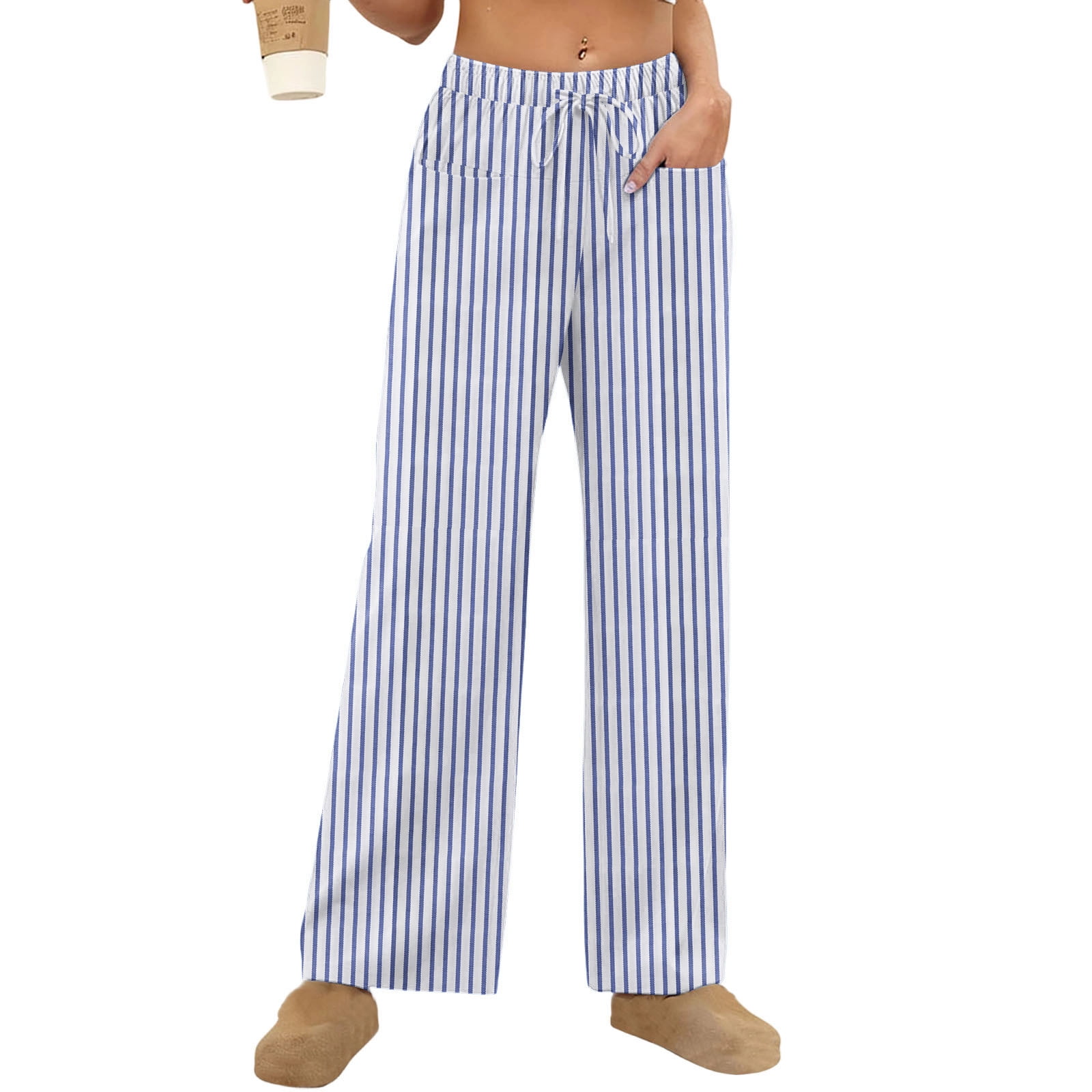FRSASU Women Drawstring Stripe Wide Leg Casual Trousers Striped Elastic ...