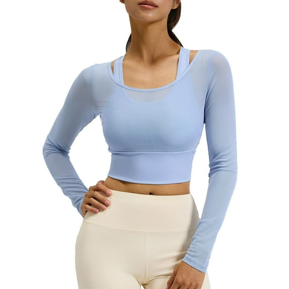 FRSASU Women Fake 2 Piece Yoga Shirt Mesh Long Sleeve Fitness Crop ...