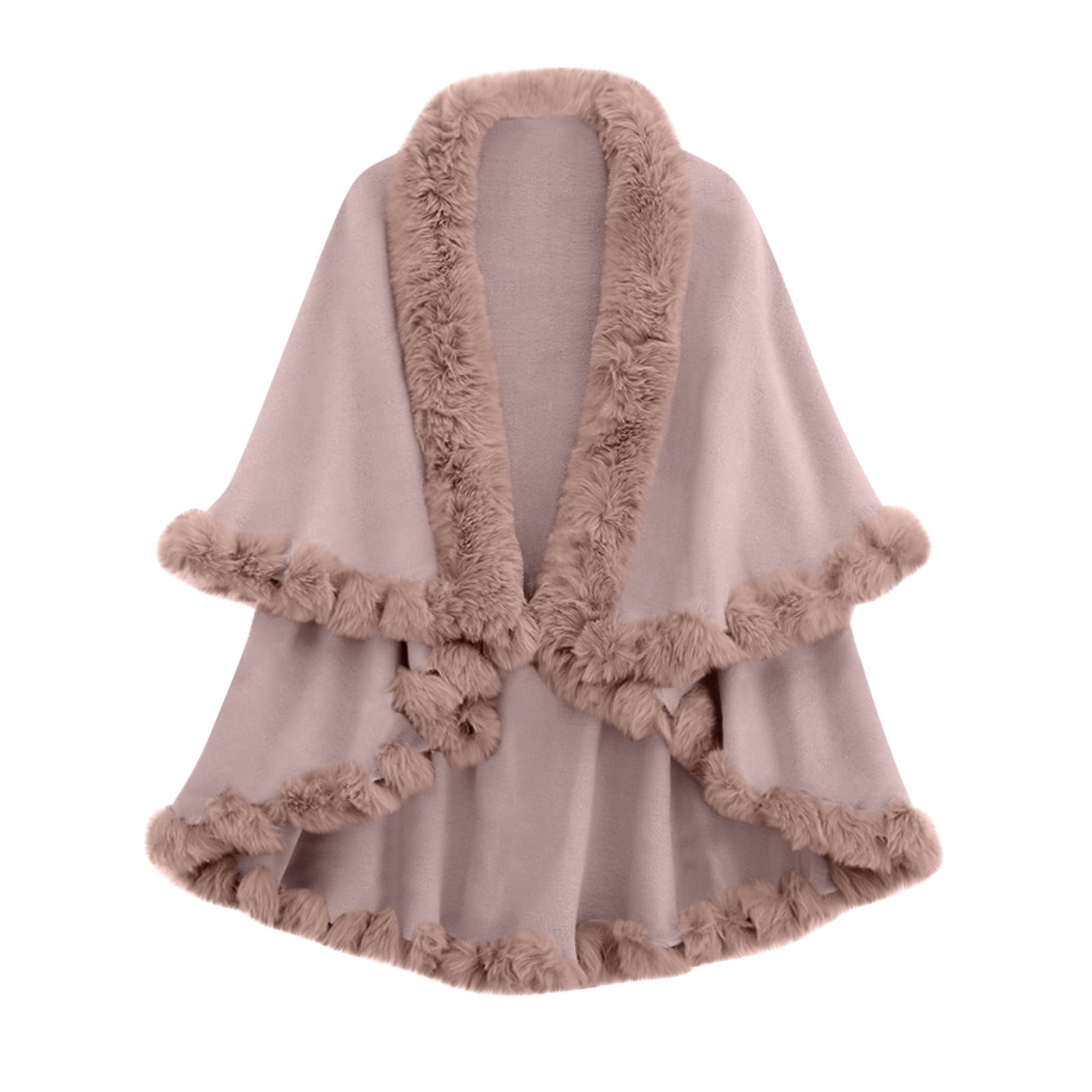 FRSASU Women Fine Knit Open Front Faux Plush Trim Layers Poncho Cape ...