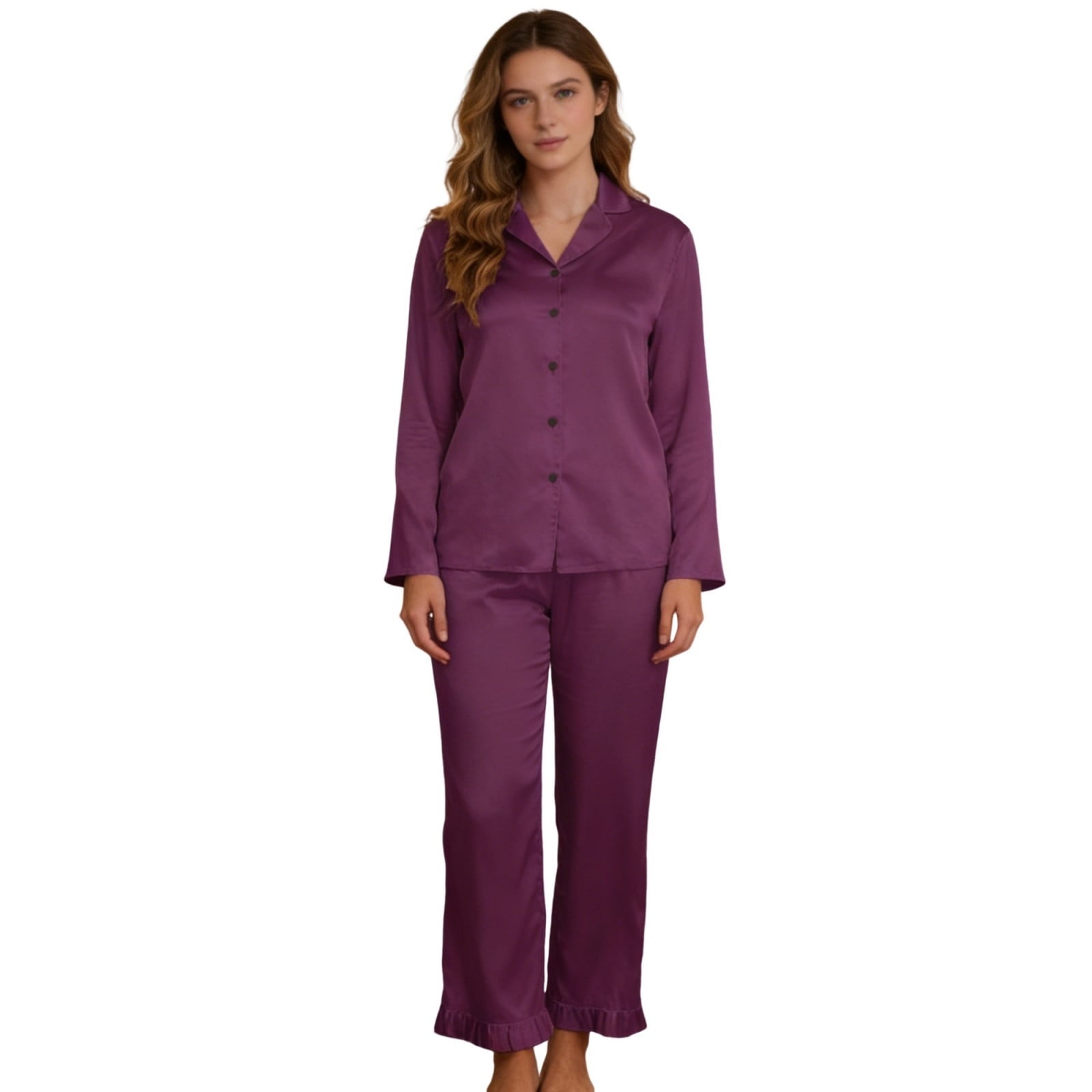 FRSASU Women Imitation Silk Pajamas Classic Lapel Long Sleeve Button ...