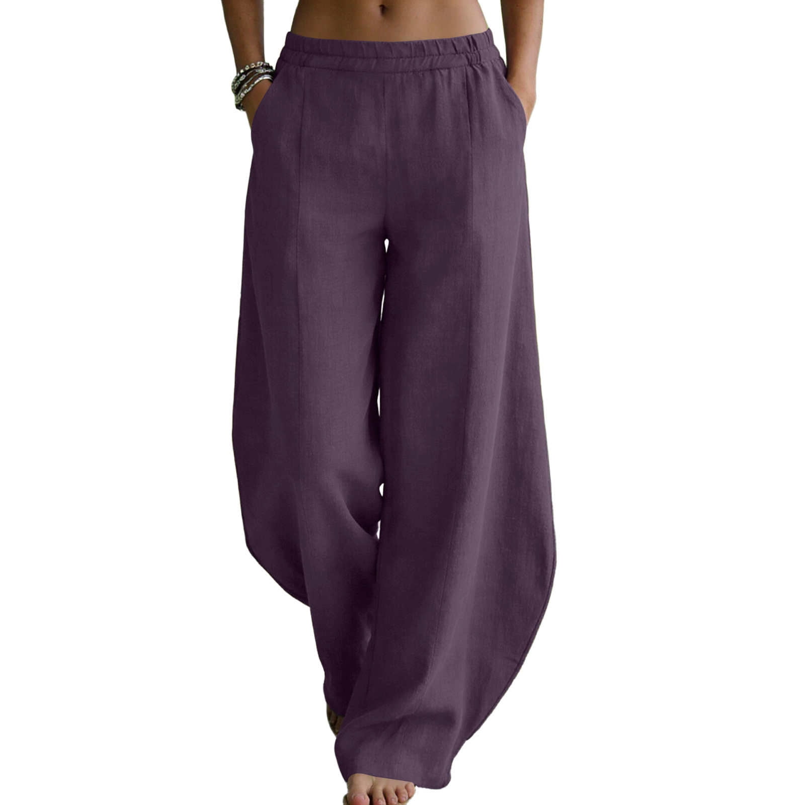 FRSASU Women's Casual Cotton Linen Baggy Pants with Elastic Waist Pure ...