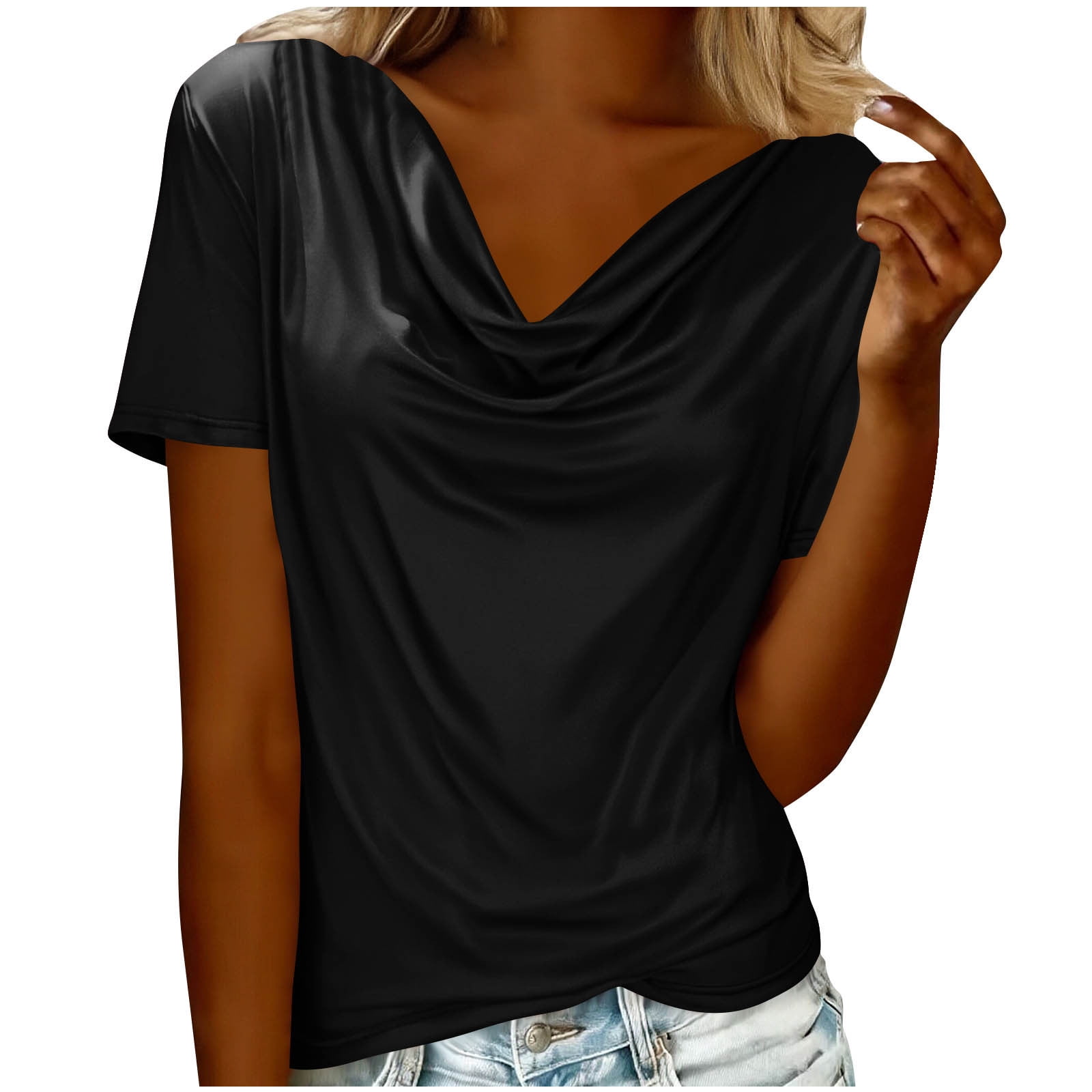 FRSASU Women's Casual Stacked Collar Solid Color Tops Basic Short ...