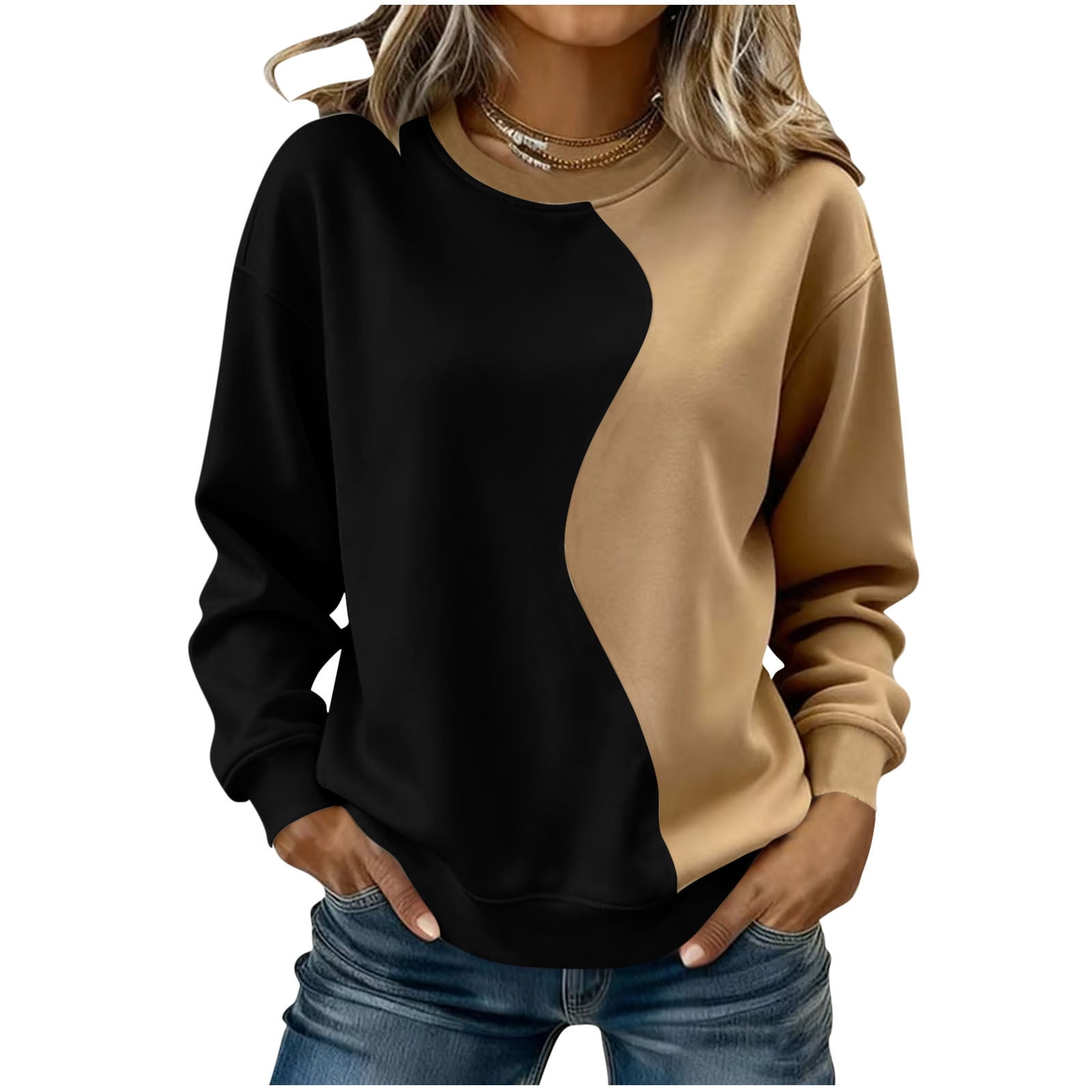 FRSASU Women's Color Block Long Sleeve Tunics Tops Casual Crew Neck ...