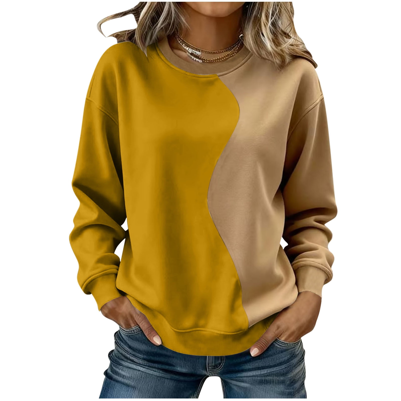 FRSASU Women's Color Block Long Sleeve Tunics Tops Casual Crew Neck ...