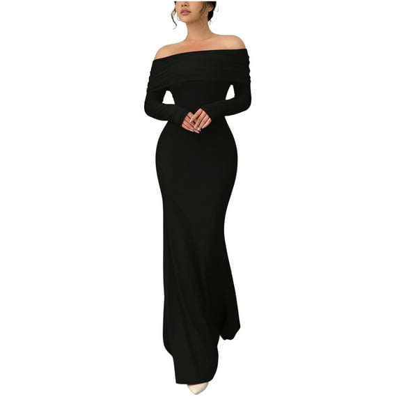FRSASU Women's Elegant off the Shoulder Bodycon Long Sleeve Maxi Dress ...