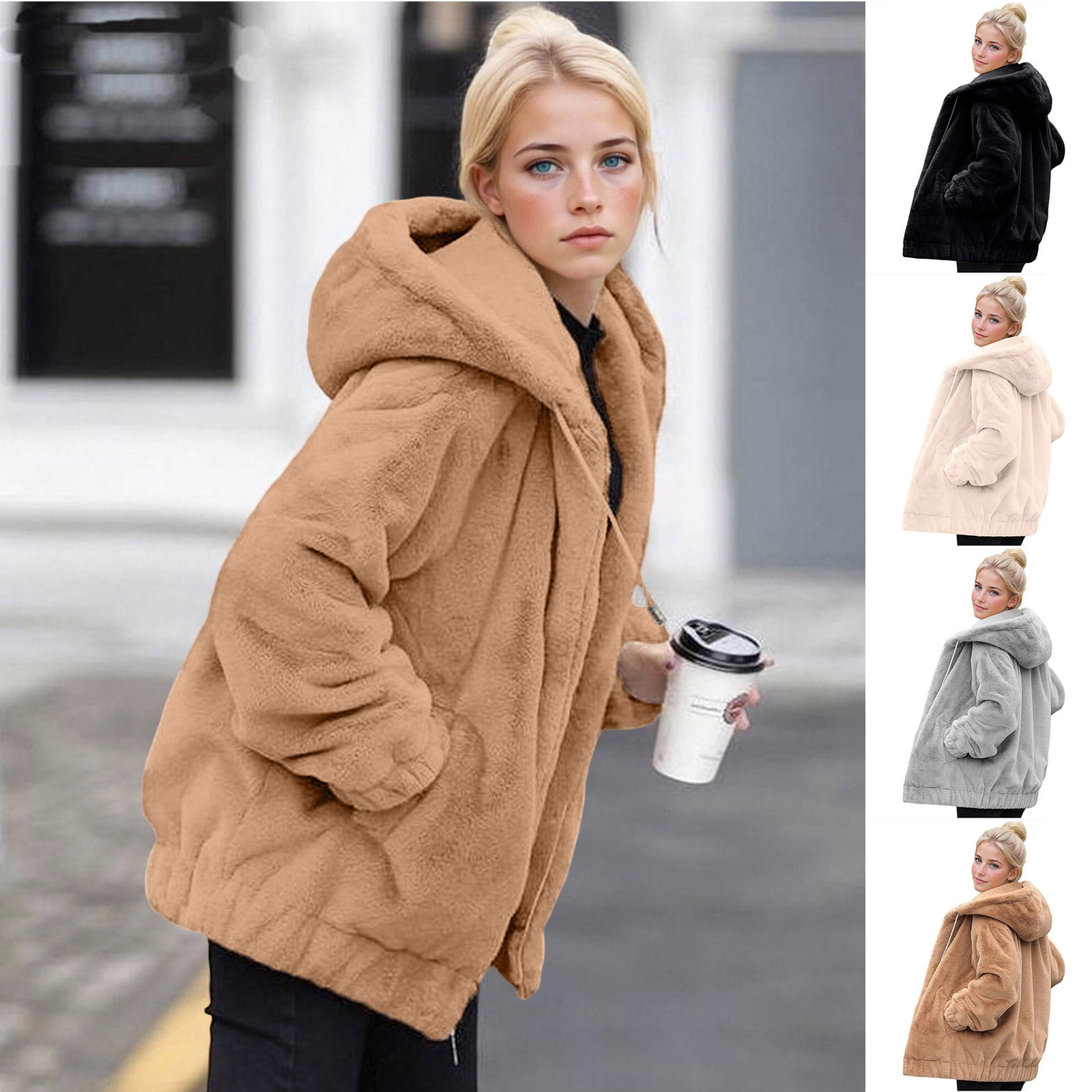 FRSASU Women's Hood Coat Casual Loose Long Sleeve Fleece Fuzzy Coats ...
