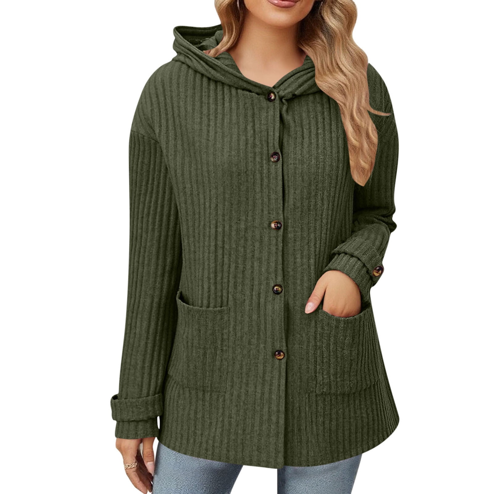 FRSASU Women's Long Sleeve Knit Jacket Hooded Spring Button up Hoodies ...
