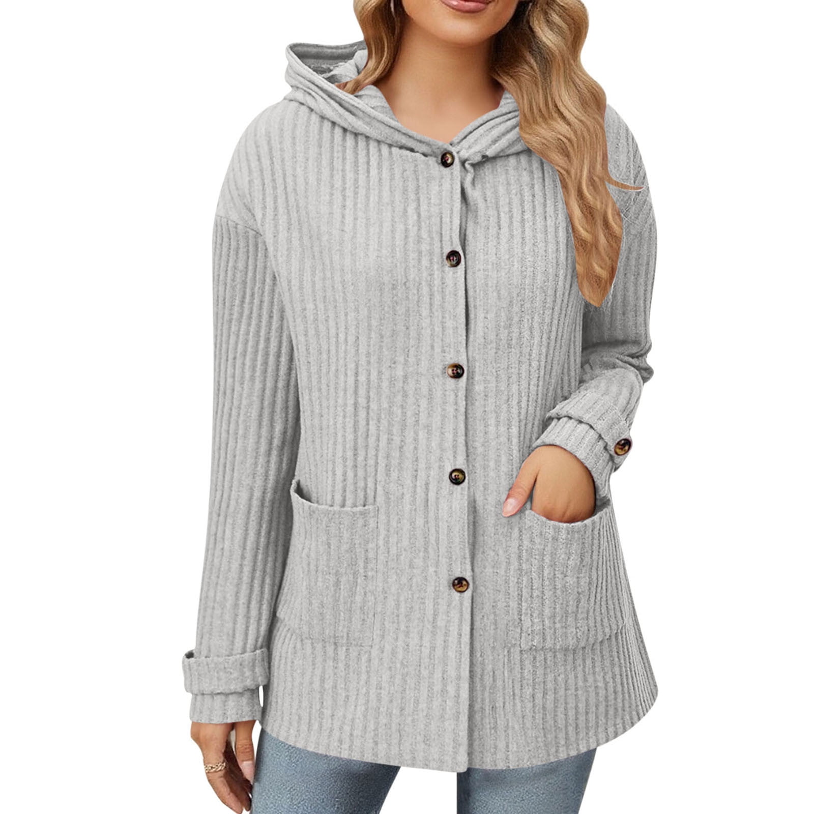 FRSASU Women's Long Sleeve Knit Jacket Hooded Spring Button up Hoodies ...