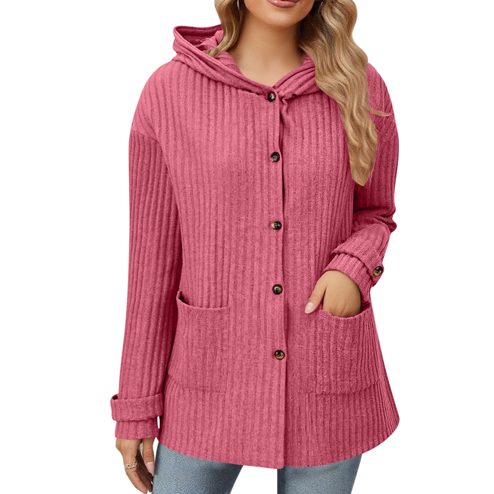 FRSASU Women's Long Sleeve Knit Jacket Hooded Spring Button up Hoodies ...