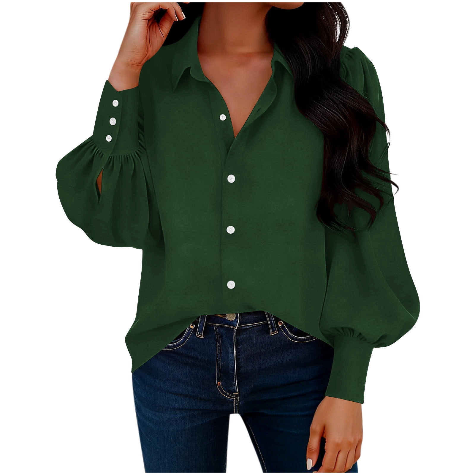 FRSASU Women's Solid Color Button Down Shirts Puffer Long Sleeve Tops ...