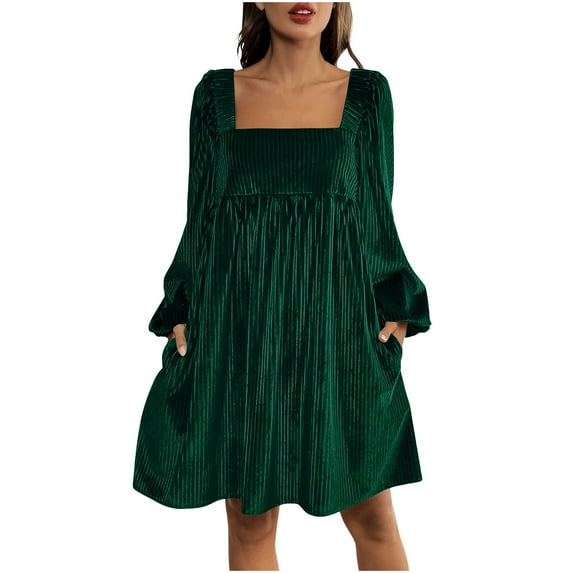 FRSASU Women's Square Neck Lantern Long Sleeve Temperament Velvet Dress ...