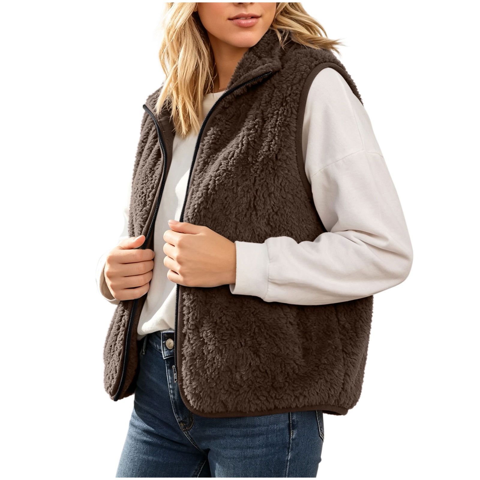 FRSASU Women's Stand Collar Fleece Vest Full Zip Sleeveless Warm ...