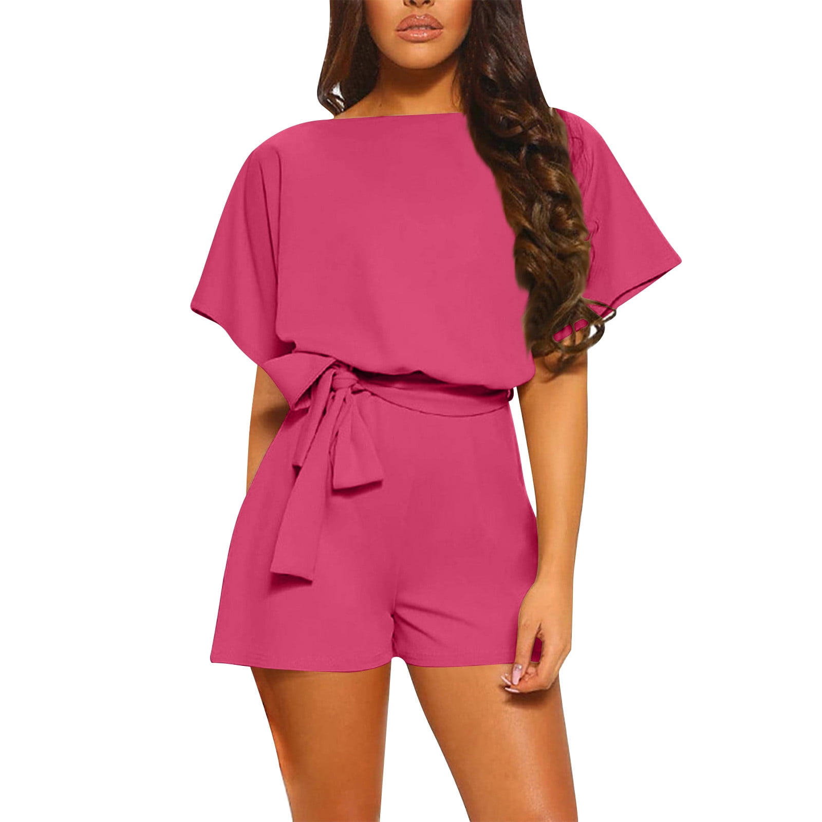 FRSASU Women's Summer Short Sleeve Belted Elastic Waist Solid Color ...