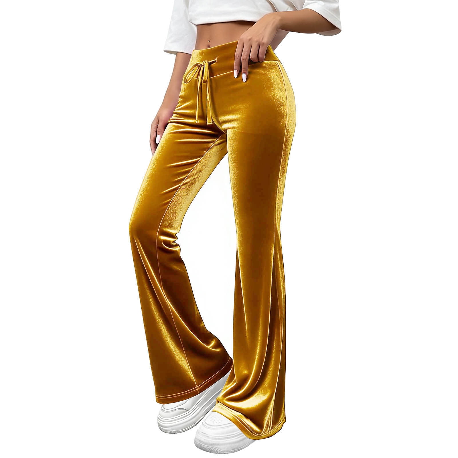 FRSASU Women's Velvet Long Trousers Elastic Waist Flare Leg Palazzo ...