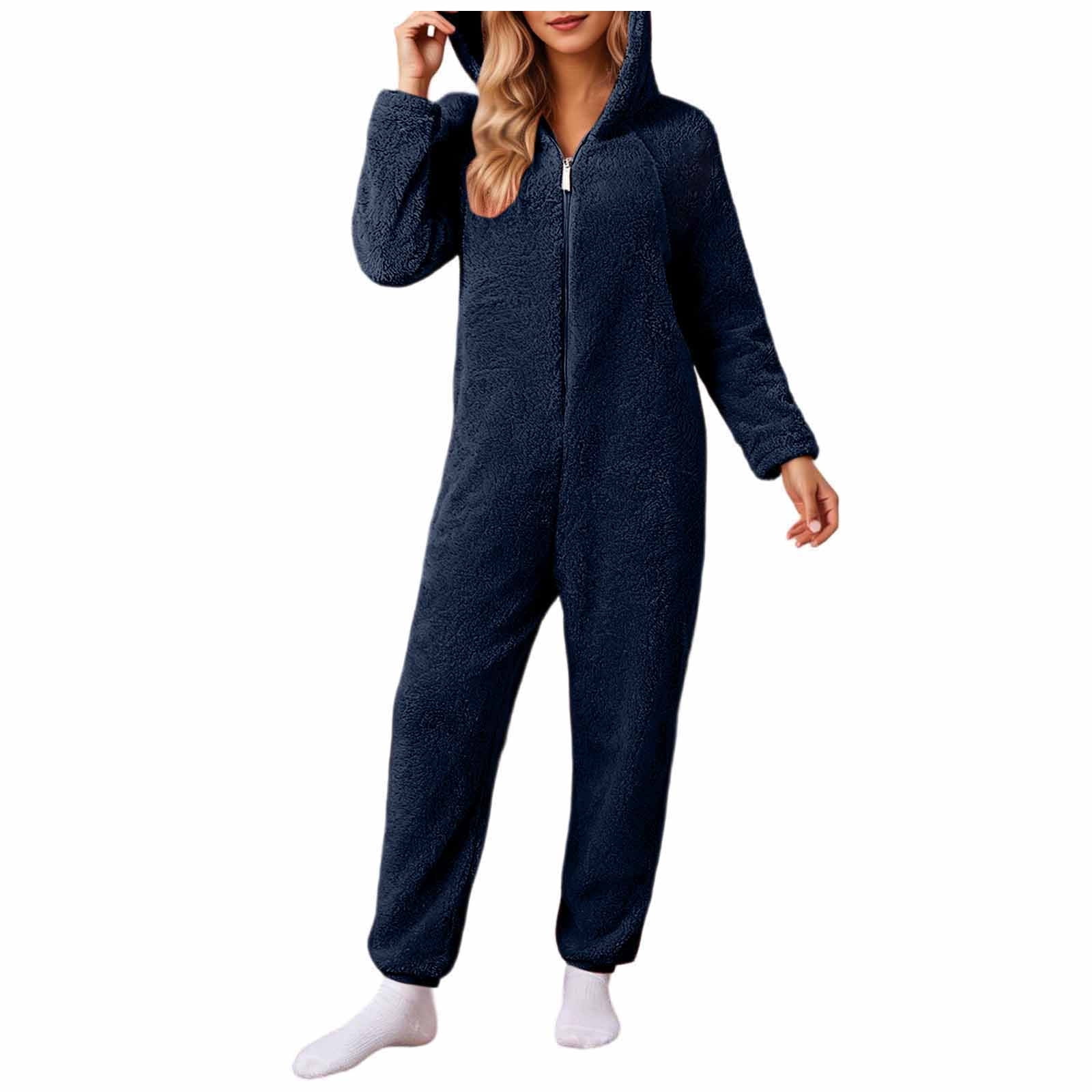 FRSASU Women's Winter Onesie Pajamas Fleece Zip up Hooded Romper Cozy ...