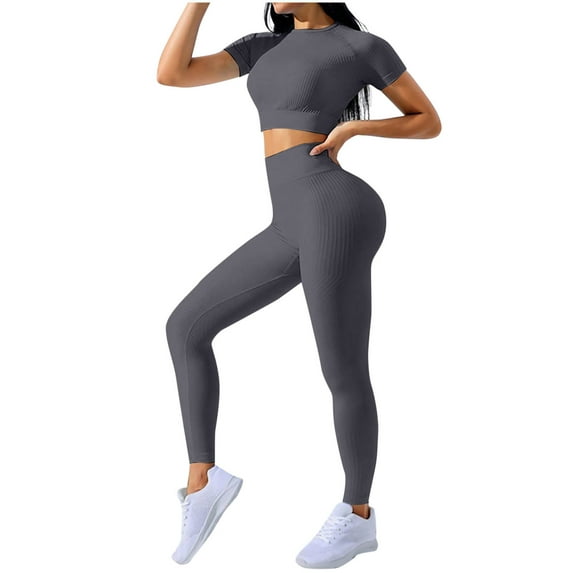 FRSASU Women's Workout Outfit 2 Pieces Seamless High Waist Yoga Leggings with Long Sleeve Crop ...