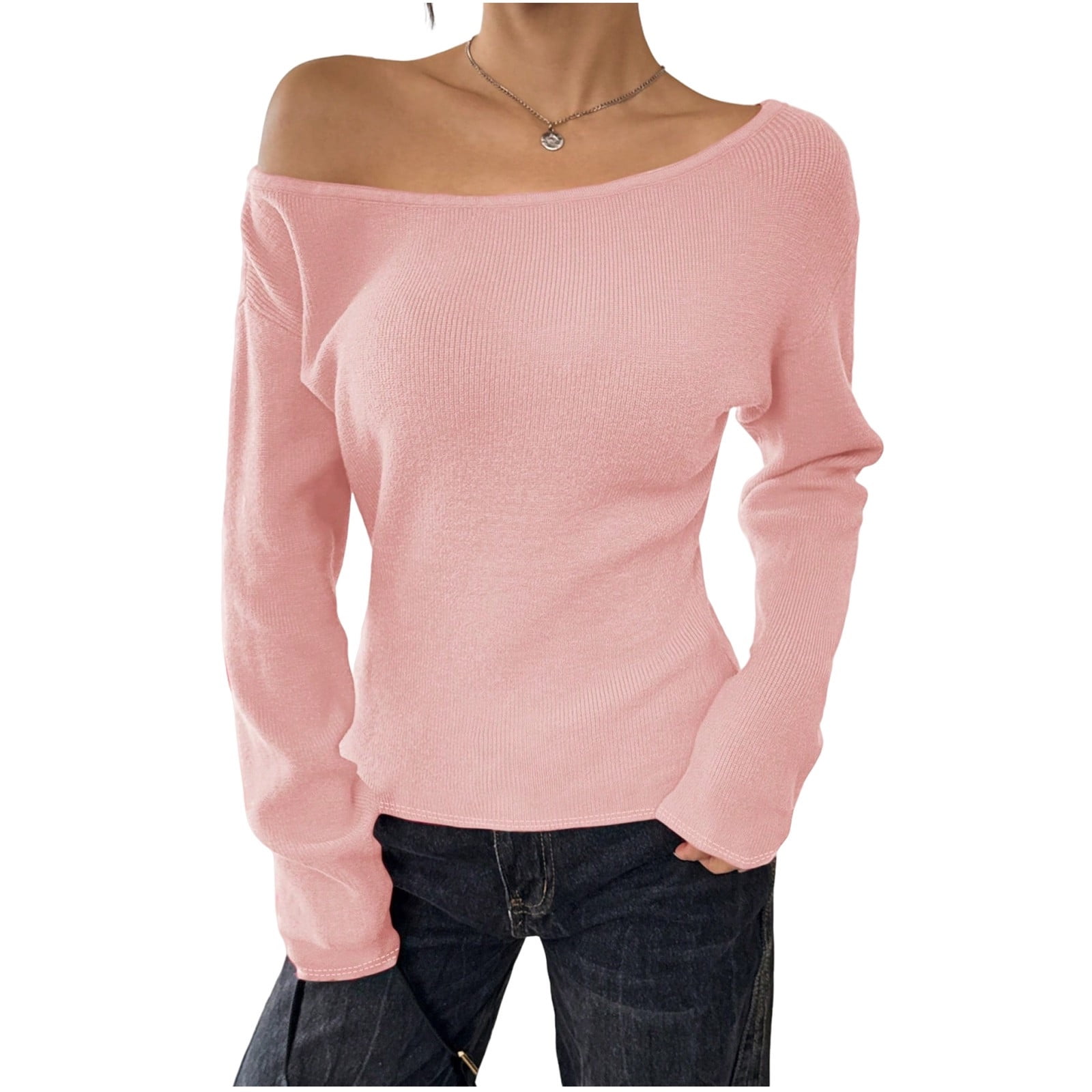 FRSASU Womens Boat Neck Sweaters Solid Color Long Sleeve off Shoulder ...