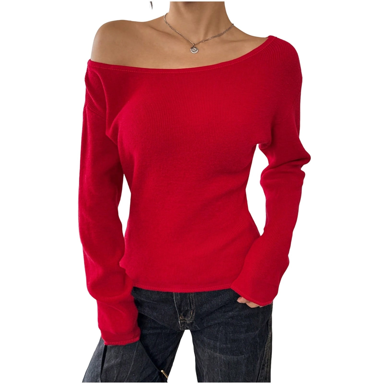 FRSASU Womens Boat Neck Sweaters Solid Color Long Sleeve off Shoulder ...