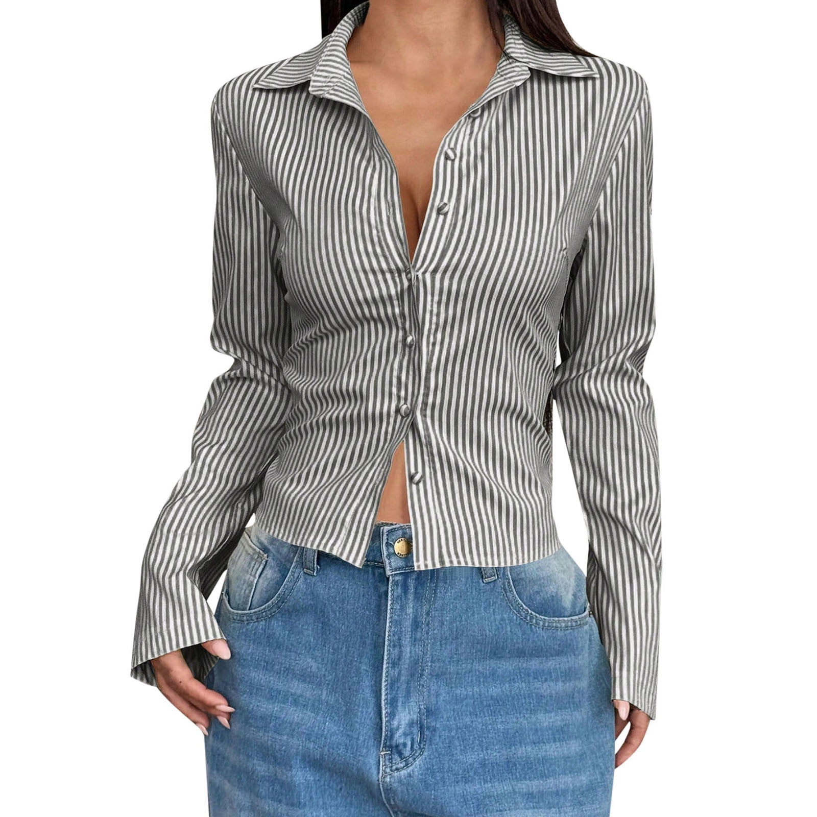 FRSASU Womens Button Down Shirts Striped Dressy Long Sleeve Turndown ...
