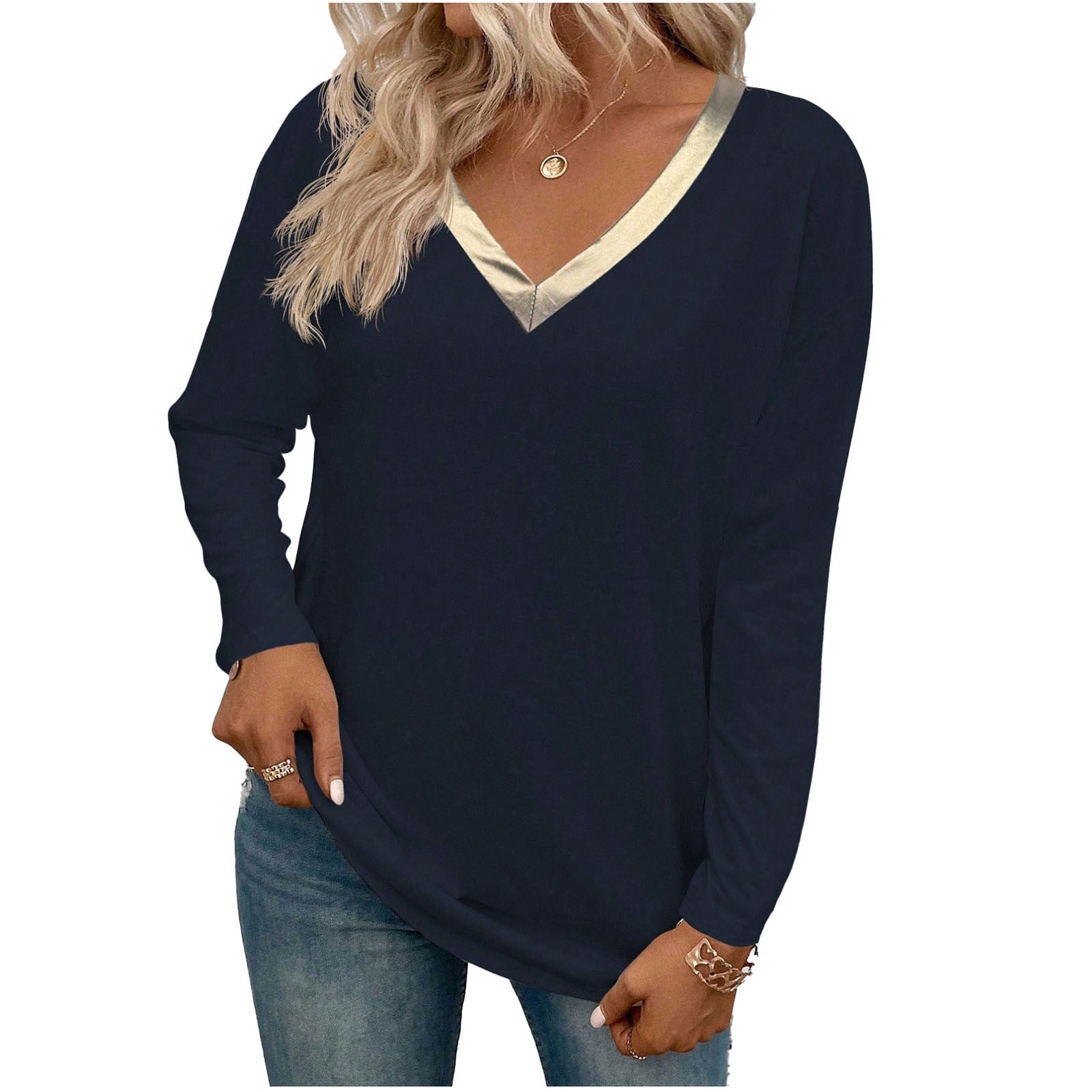 FRSASU Womens Long Sleeve Shirts V Neck Cotton T-Shirt Tops Solid Color ...