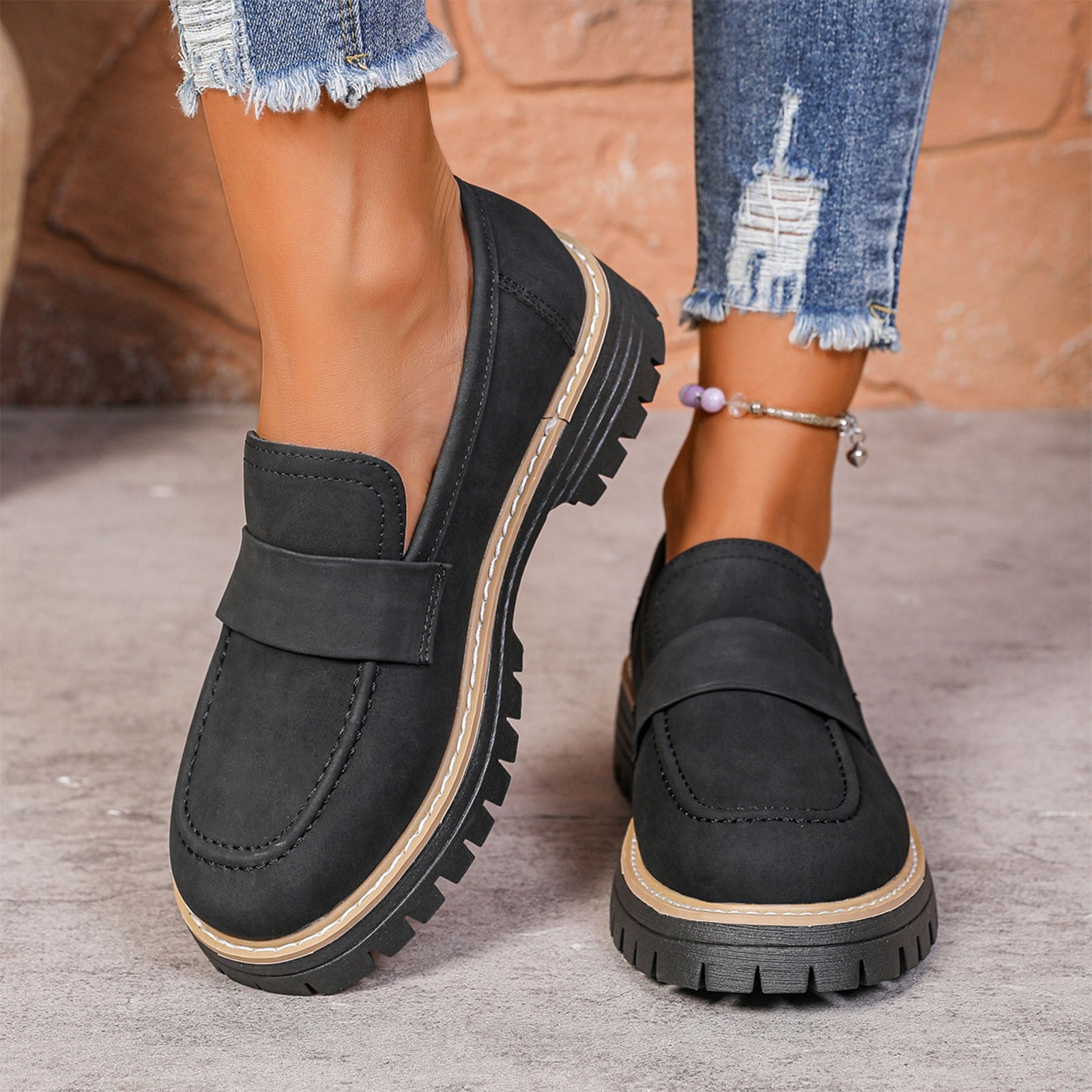 FRSASU Womens Lug Sole Platform Mid Chunky Heel Loafers Classic Round ...