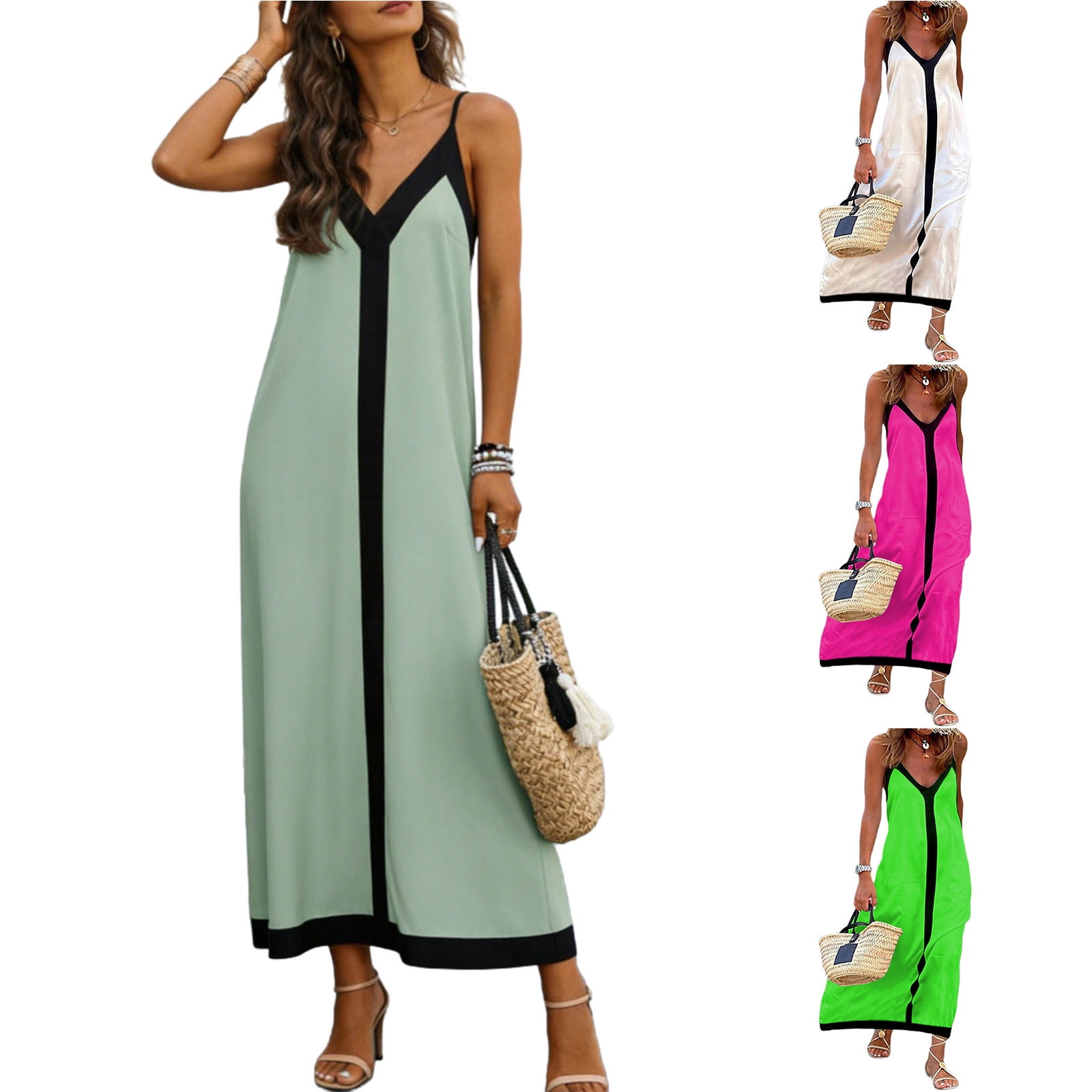 FRSASU Womens Maxi Dress Summer Sundress V Neck Spaghetti Strap Flowy ...