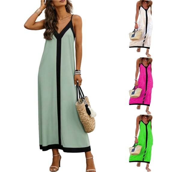 FRSASU Womens Maxi Dress Summer Sundress V Neck Spaghetti Strap Flowy ...