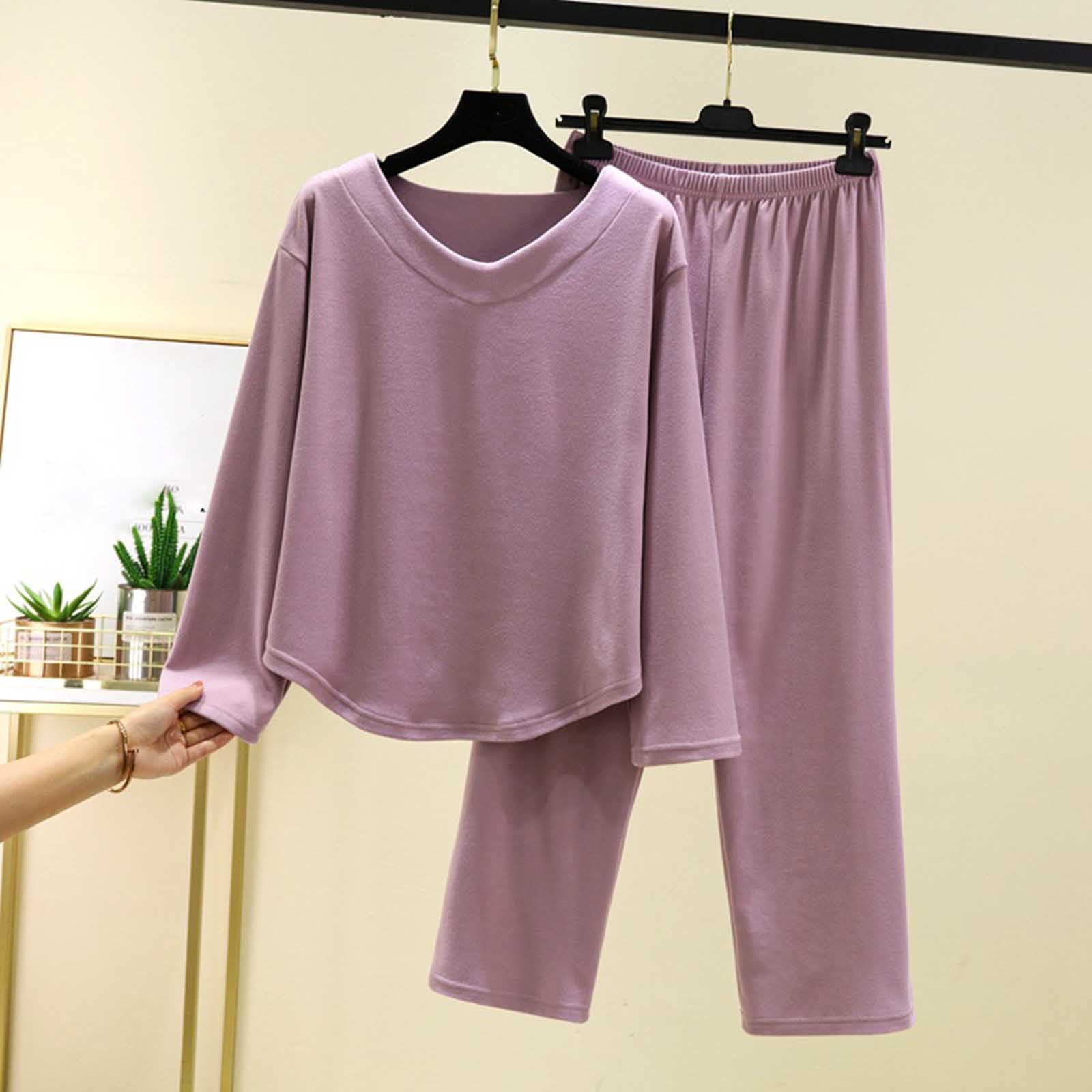 FRSASU Womens Pajama Velvet Lounge Set 2 Piece Solid V Neck Long Sleeve ...