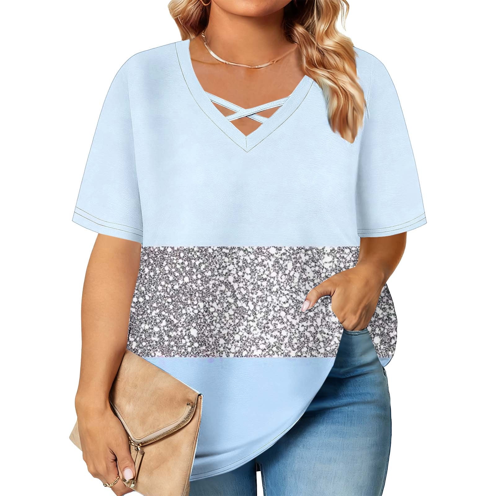 FRSASU Womens Plus Size Short Sleeve Tops Summer Casual Criss Cross V ...